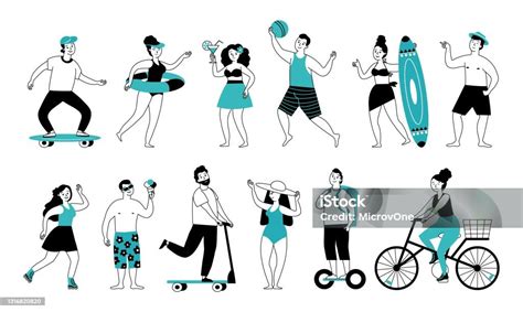 여름 활동 문자 도시 산책 생활 젊은 여자는 만화를 마십니다 활동적인 사람 자전거에 여성 해변에서 스포츠 또는 공원 괜찮은 벡터 세트 일러스트레이션에 대한 스톡 벡터 아트