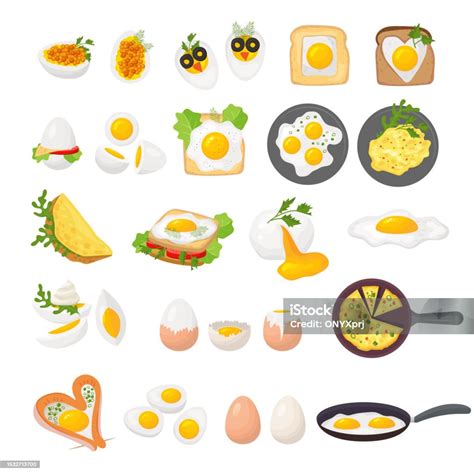 파운드 케이크 달걀로 튀기고 삶은 제품 제품 성분 농장 달걀 단백질 노른자 및 달걀 껍질의 최근 벡터 요리 세트 삽화 만화에