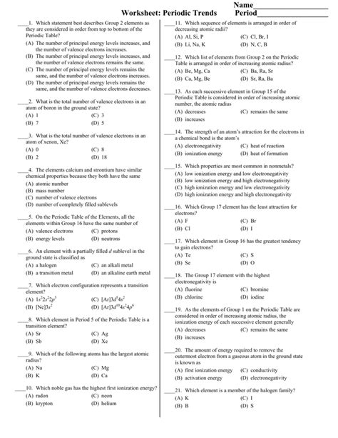 Periodic Trends Worksheets Answer Key