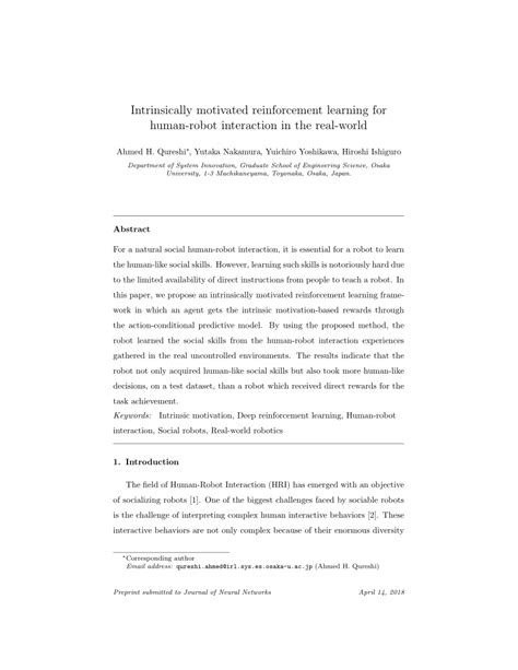 Pdf Intrinsically Motivated Reinforcement Learning For Human Robot Interaction In The Real World