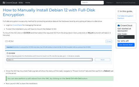 crowncloud wiki how to manually install debian 12 with full disk