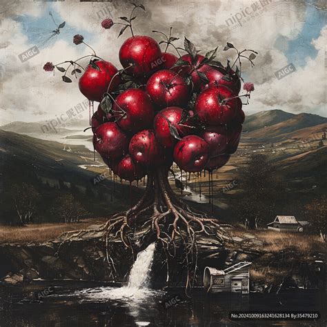 Ai创作图3d立体画苹果树 3d画苹果树 逼真的水果艺术 俄罗斯地产广告插画 石榴籽精神小品 超现实主义意境画 视觉冲击力广告装饰画 车厘子广告 红果无框画 手绘樱桃海报 3d画素材3d展示画