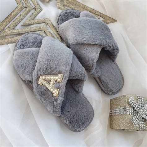 Grey Luxury Personalised Fluffy Slippers Diamante Fluffy Slippers Initial Embroidered Slippers