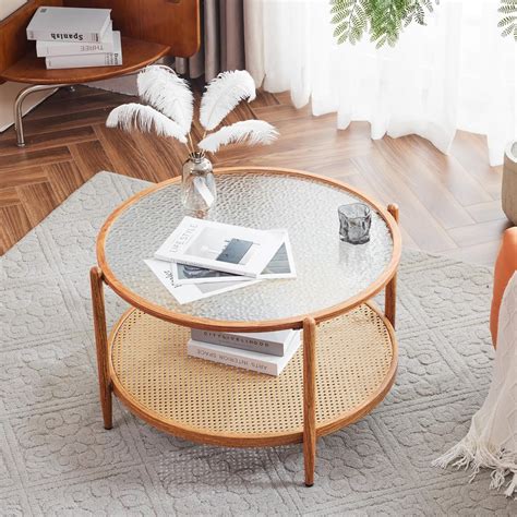 Brandclub Vingli 30 Rattan Coffee Table Round Water Wave Glass Metal Center Table Modern