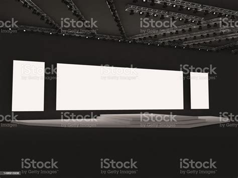 Event 빈 스테이지 투시도입니다 프로젝션을 위한 직사각형 스크린이 있습니다 천장 스포트라이트 시스템 및 홀의 플랫폼 요소 빈