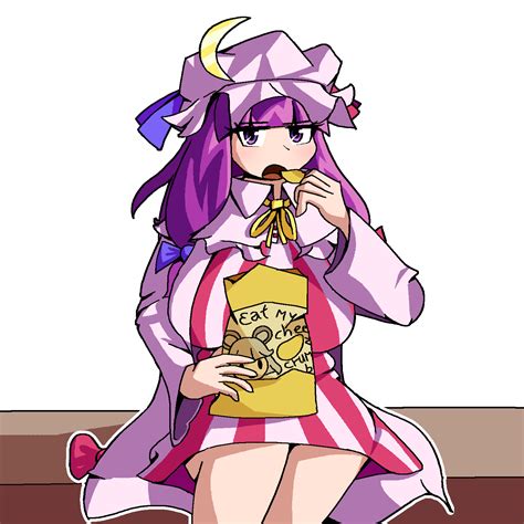 Rumielle Patchouli Knowledge Touhou Highres 1girl Blue Bow Bow Breasts Chips Food