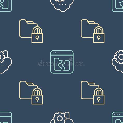 Set Line Cloud Technology Data Transfer Folder And Lock And Broken File On Seamless Pattern
