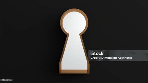 황금 색 열쇠 구멍 창은 검은 벽에 흰색 빈 공간을 내려다보고 있습니다 황금 열쇠 구멍에 빈 공백의 개념 블랙 배경 미니멀리스트 블랙 일러스트레이션 3d 렌더링에서 격리