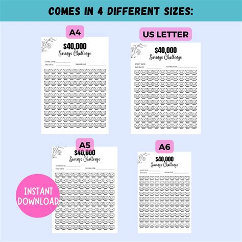 40K Saving Challenge Printable 100 Envelope Challenge 40k Challenge 40000 Savings Tracker