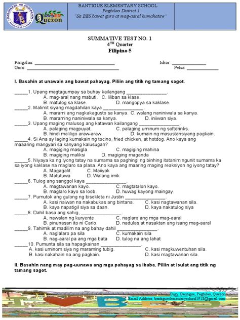 Q4 Summative Test 1 Filipino 5 Pdf