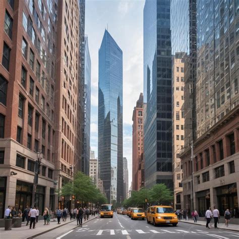 A Street With A Yellow Taxi Cab And A Building With A Tall Building In