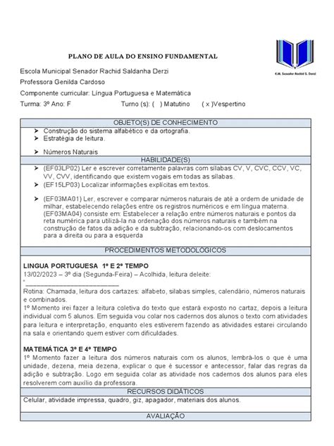 Estrutura Plano De Aula 13 02 17 02 Pdf Sílaba Tempo
