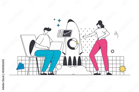 Outsourcing Company Outline Web Concept In Modern Flat Line Design Man And Woman Working From