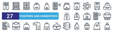 27 개의 개요 웹 청정기 및 가습기 아이콘 세트 청정기 청정기 가습기 가습기 가습기 필터 웹 디자인 모바일 앱을위한 벡터 얇은 선 아이콘 가습기에 대한 스톡 벡터 아트 및