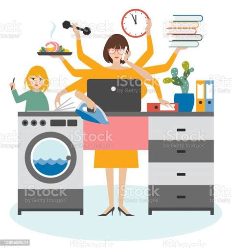 멀티 태스킹 여자 어머니 아이와 사업가 일 코킹 및 전화 플랫 벡터 가정 생활에 대한 스톡 벡터 아트 및 기타 이미지 가정
