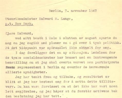 Schreiben Von Willy Brandt An Halvard Lange 7 November 1947