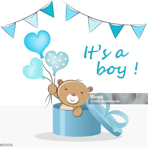 그것은 소년입니다 아기 샤워 인사말 카드 벡터 일러스트 테디 베어에 대한 스톡 벡터 아트 및 기타 이미지 테디 베어 풍선 아들이예요 Istock