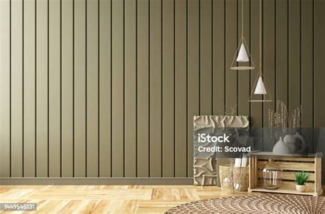 빈 방 내부 배경 올리브 색 패널 벽 나무 판자 벽 위의 가정 장식 쪽모이 세공 마루 바닥에 깔개를 짜십시오 3d 렌더링 0명에 대한 스톡 사진 및 기타 이미지 Istock