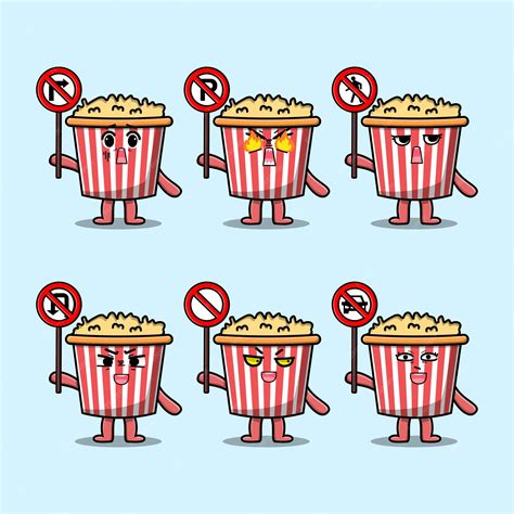 현대 3d 스타일 디자인에 교통 표지 그림을 들고 귀여운 팝콘 만화 캐릭터 프리미엄 벡터