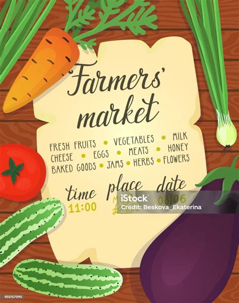 나무 테이블 신선한 야채와 텍스트 농부의 시장을 작성 하는 손을 벡터 배경 농민 시장에 대 한 밝은 배너 템플릿입니다 공예에 대한 스톡 벡터 아트 및 기타 이미지 Istock