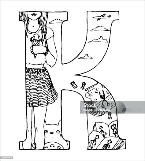 루프 초기 문자 K에 아이스크림을 가진 소녀의 그림 이름의 첫 글자 아이콘 손으로 그린 일러스트레이션 스케치 러시아어 알파벳 가공의 인물에 대한 스톡 벡터 아트 및 기타