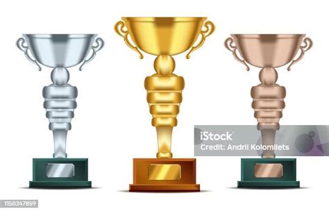 챔피언을 위한 텍스트 플레이트와 현실적인 황금 은 청동 트로피 스포츠 우승자 컵 1위에 대한 스톡 벡터 아트 및 기타 이미지 1위 3위 경쟁 Istock