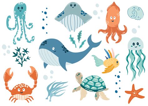 Cute Underwater Animals Sea Life Elements Whale Jellyfish Seashells
