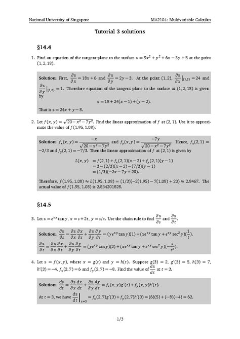 Tutorial 3 Sol National University Of Singapore Ma2104 Multivariable