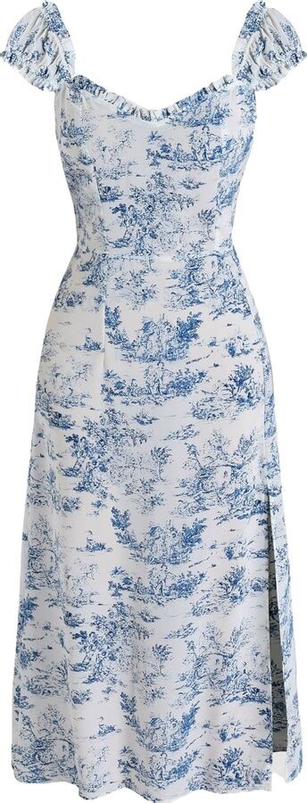 Cider Toile De Jouy Ruffle Trim Slit Midi Dress Shopstyle