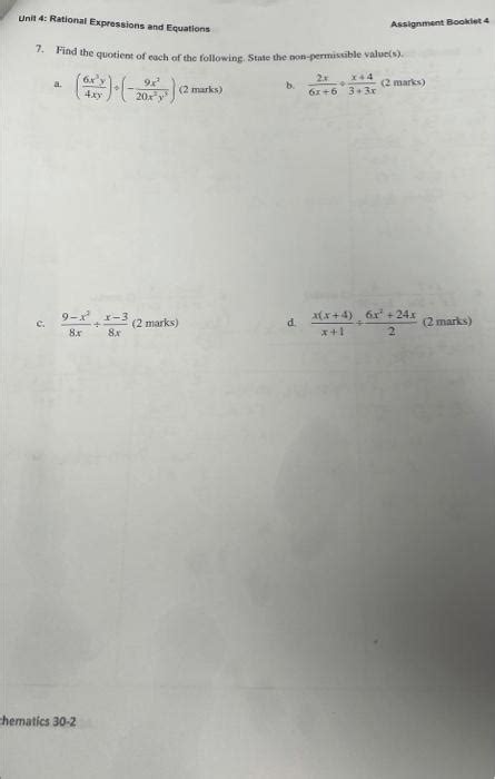 Solved Unit 4 Rational Expressions And Equations Assignment Chegg Com