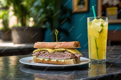 Cuban Sandwich With A Refreshing Lemonade Realistic An Premium Ai