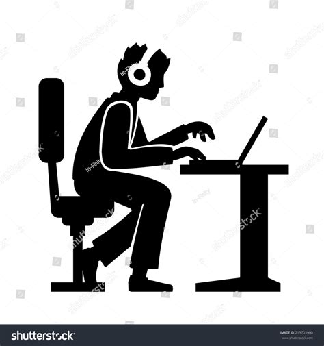 Programmer Silhouette Working On His Computer Stock Vector Royalty