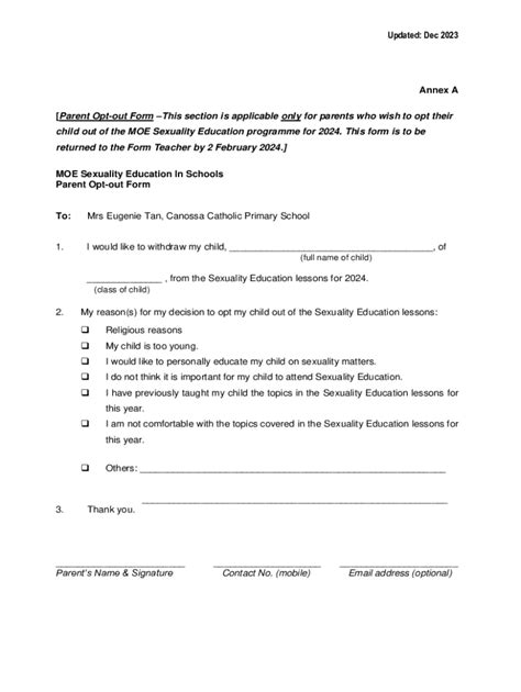 Fillable Online Parent Opt Out Form For Moe Sexuality Education Fax Email Print PdfFiller