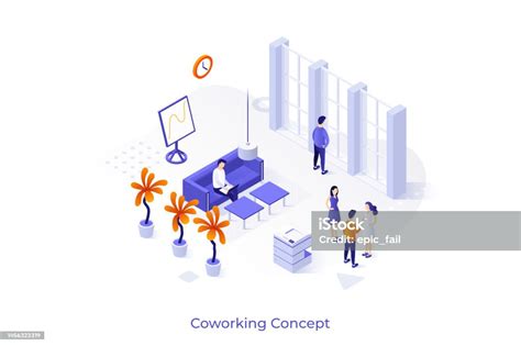 컴퓨터에서 작업하고 비즈니스 회의 또는 모임 중에 이야기하는 사람들과 함께 개념적 템플릿입니다 프리랜서 근로자를 위한 코워킹 스페이스 또는 공간 웹 사이트에 대 한 현대
