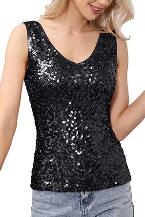 Anna Kaci Womens Sparkly V Neck Sequin Tank Tops Sleeveless Sexy