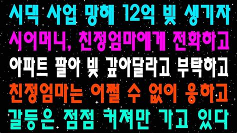 시댁 사업 망해 12억 빚 생기자 시어머니 친정엄마에게 전화하고 아파트 팔아 빚 갚아달라고 부탁하고 친정엄마는 어쩔 수 없이 응하고 갈등은 점점 커져만 가고 있다
