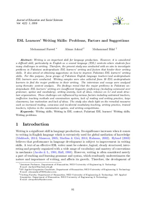Pdf Esl Learners Writing Skills Problems Factors And Suggestions
