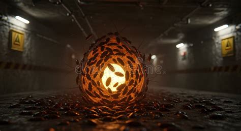 Cockroach Swarm Enveloping Glowing Orb In Dark Underground Tunnel Stock