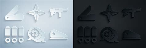대상 스포츠 기관단총 M3 총알 군용 베레모 일본 닌자 수리검 및 스위스 군용 칼 아이콘을 설정합니다 벡터 3차원 형태에 대한 스톡 벡터 아트 및 기타 이미지 Istock