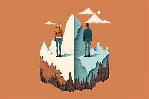 Woman And Man Stand Separated On Stone Cliff Created With Generative AI Technology Stock