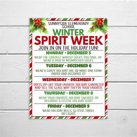 December School Spirit Week Itinerary Schedule Christmas Winter School