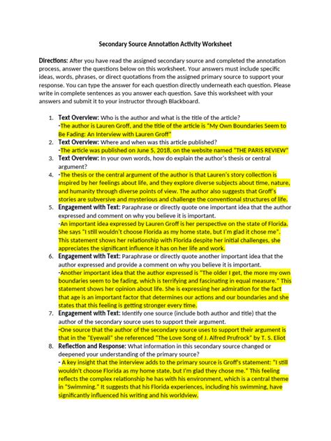 Enc1102 Secondary Source Annotation Activity Worksheet Pdf Essays Question