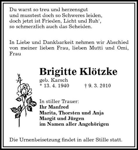 Traueranzeigen Von Brigitte Klötzke Trauer Anzeigende