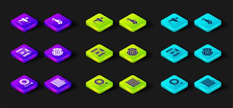 타이어 압력 게이지 자동차 라디에이터 냉각 시스템 워시 캘리퍼가 장착된 브레이크 디스크 깨진 차 및 페인트 스프레이 건 아이콘을 설정합니다 벡터 3차원 형태에 대한 스톡