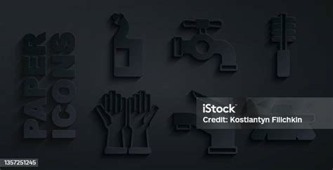 물 수돗물 화장실 브러시 고무 장갑 청소용 브러시 및 식기 세척 액상 병 아이콘을 설정합니다 벡터 3차원 형태에 대한 스톡 벡터 아트 및 기타 이미지 Istock