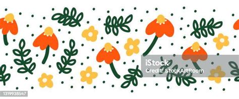 간단한 추상적 인 손으로 그린 꽃과 낙서는 원활한 테두리를 떠난다 식물 자연 꽃과 배너 트림 풋터현대 현대 트렌디 스칸디나비아 벡터 요소 일러스트를 떠난다 0명에 대한 스톡