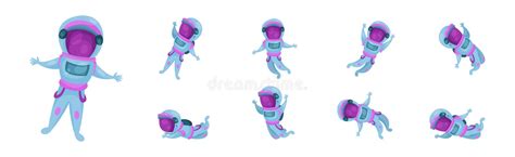 Astronaut Or Cosmonaut In Spacesuit Floating In Outer Space Vector Set Stock Vector