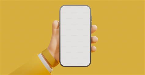 만화 캐릭터 손은 스마트폰 빈 디스플레이가 있다 노란색 배경에 복사 공간 화면을 조롱합니다 3d 렌더링 사진 Unsplash의 장치 이미지