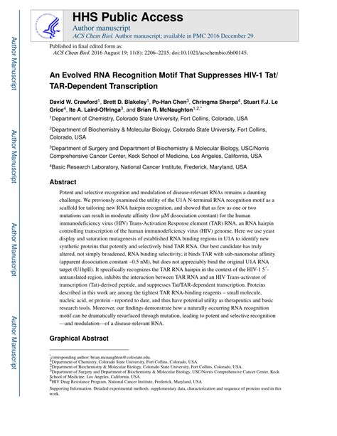 Pdf An Evolved Rna Recognition Motif That Suppresses Hiv 1 Tattar Dependent Transcription