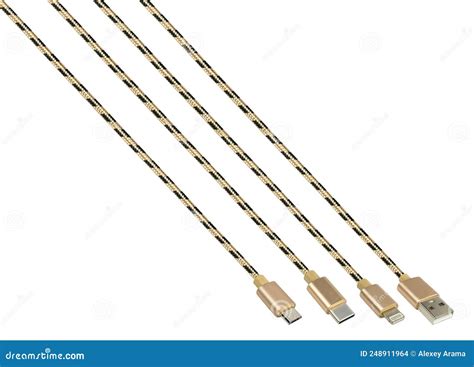 Cable And Connector For Usb Type C Micro Usb Lightning On A White Background Collage Stock
